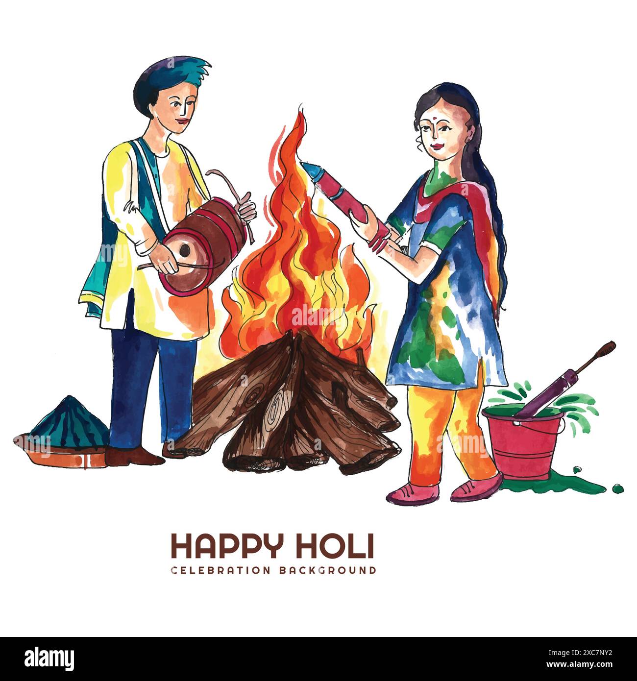 Modern young couple playing festival of colors happy holi background ...