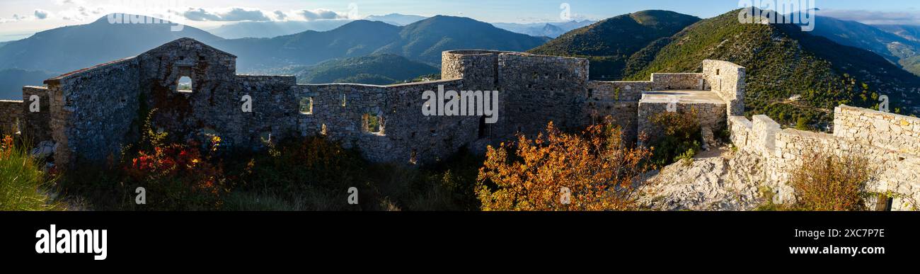 French castle ruins in the mountains pano Stock Photo - Alamy