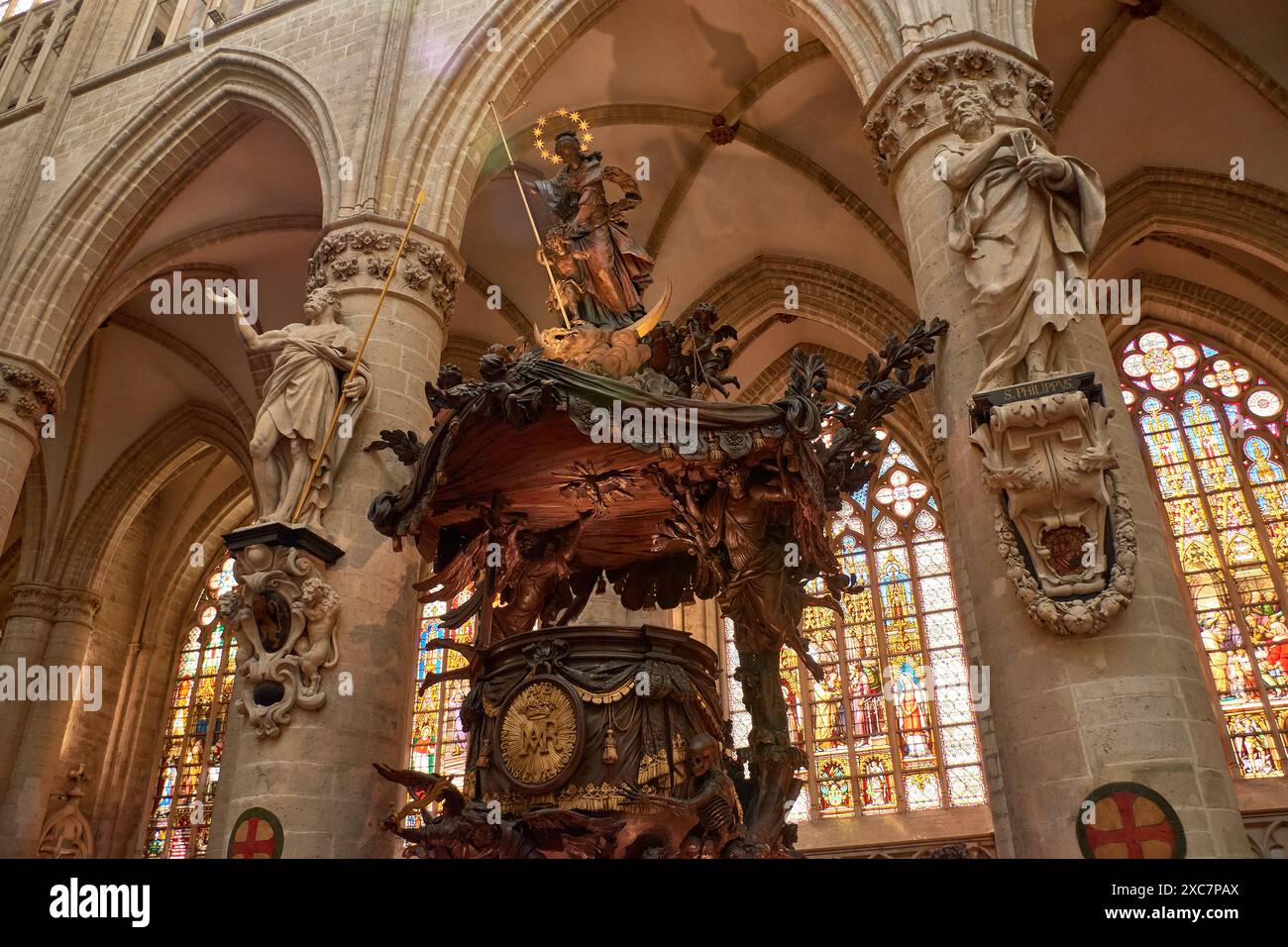 Brussels, Belgium; June, 08,2024; The baroque pulpit in the nave of the ...