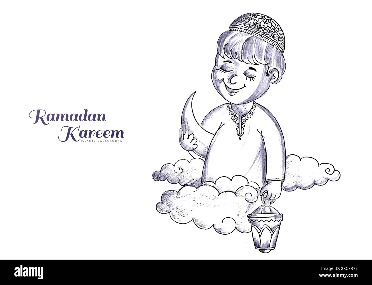 Hand draw sketch muslim boy holding lantern ramadan kareem card design ...