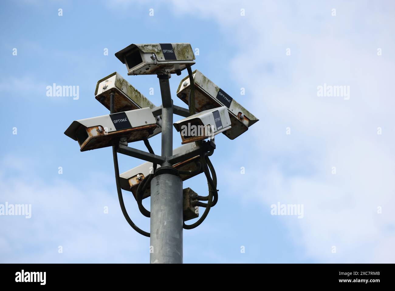 General views of many CCTV Cameras on one pole at a train station in ...