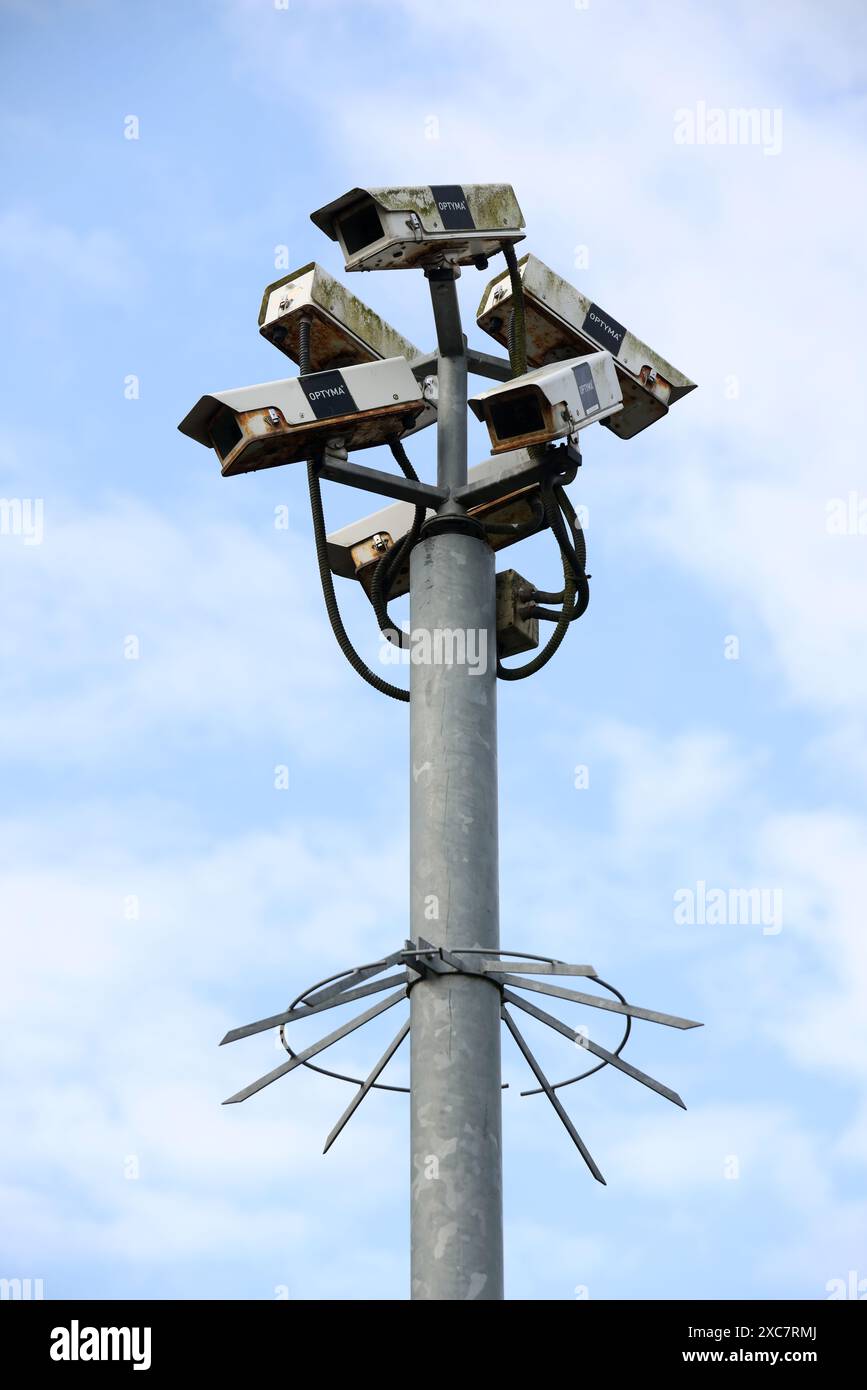 General views of many CCTV Cameras on one pole at a train station in ...
