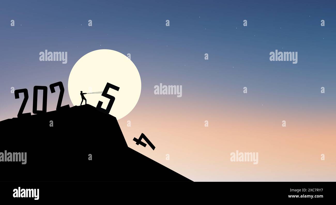 Silhouette of Businessman pulling the number "5" to complete "2025" on ...