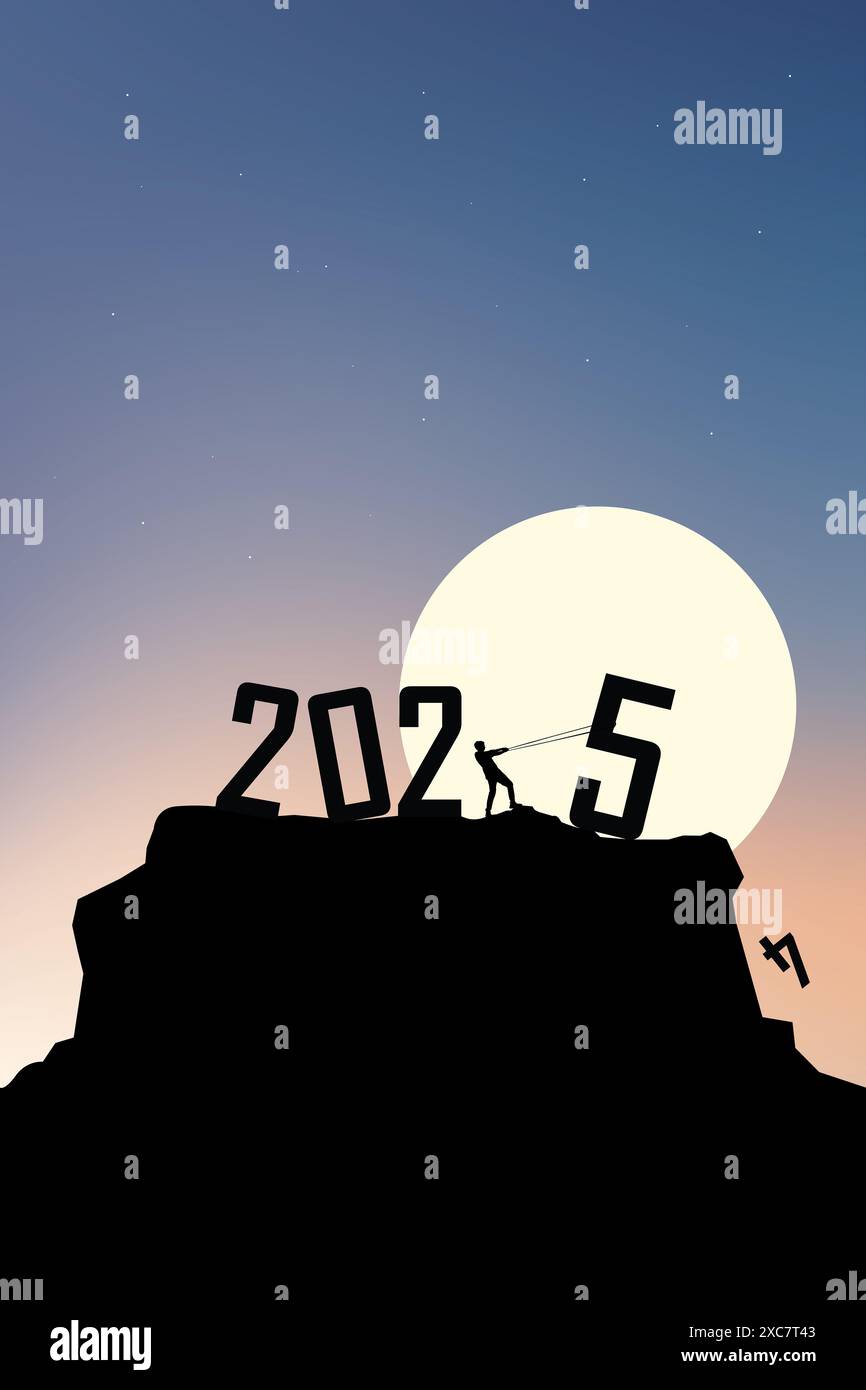 Silhouette of Businessman pulling the number "5" to complete "2025" on ...