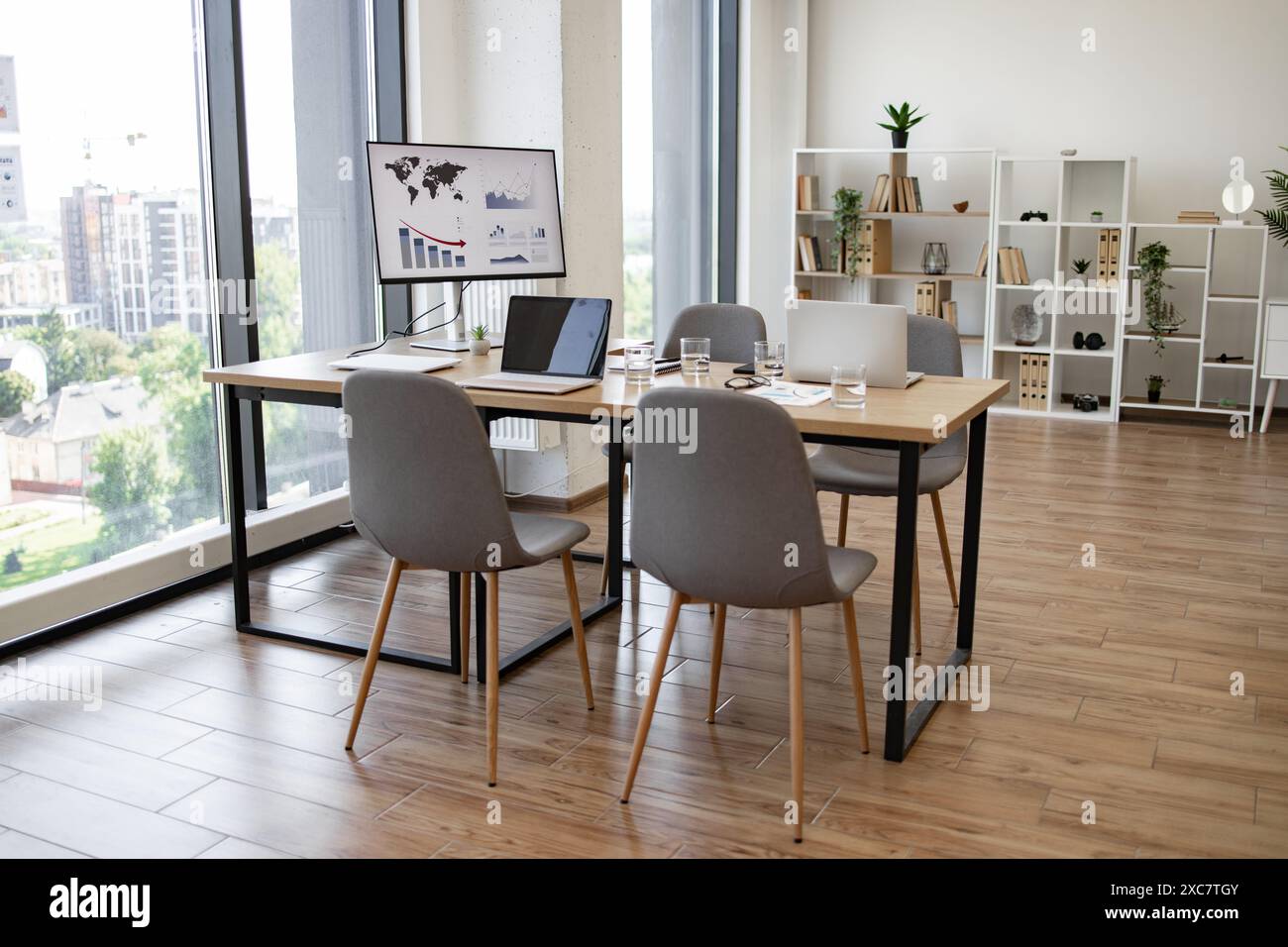 Modern office conference room with city view and digital screens Stock ...