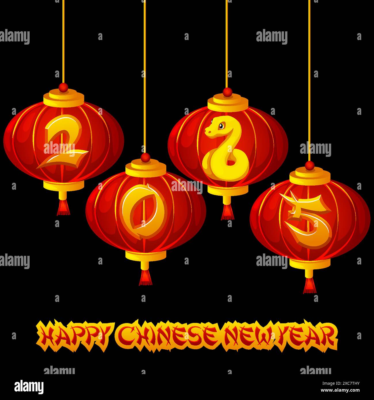 Red Chinese lanterns with the text Happy New Year 2025 of the golden ...