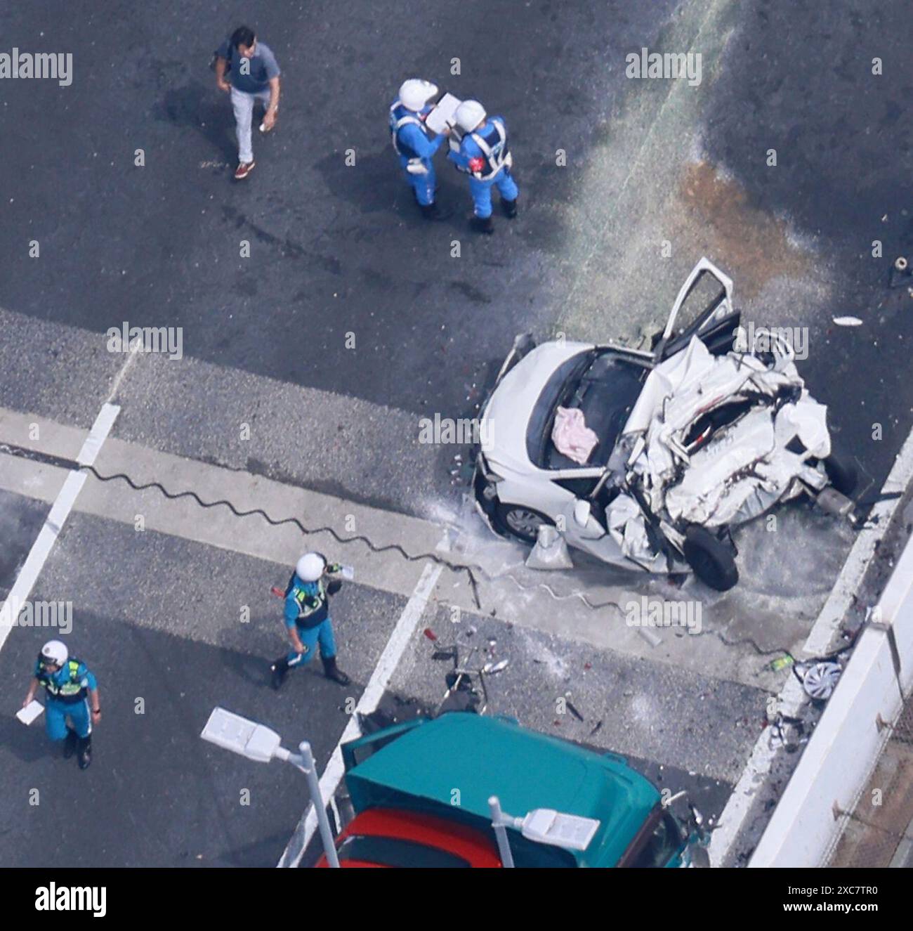An aerial photo shows a trailer truck and 5 cars crashed at the Japan ...