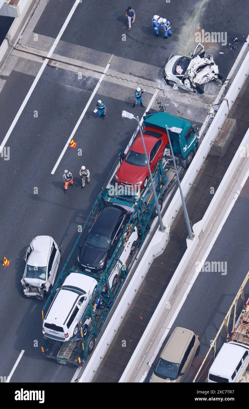 An aerial photo shows a trailer truck and 5 cars crashed at the Japan ...