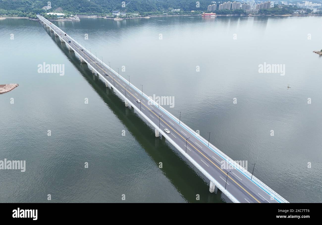 An aerial photo is showing the Thousand Island Lake Bridge in Hangzhou ...