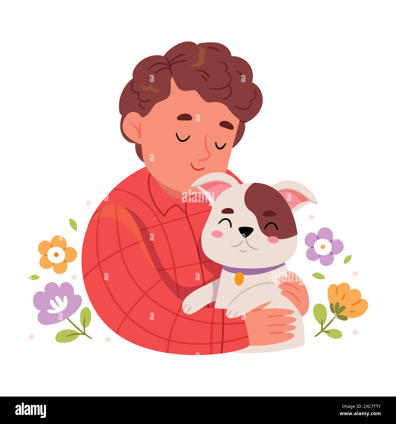 A boy hugs a dog.Kid and dog vector illustration, children puppy friend ...
