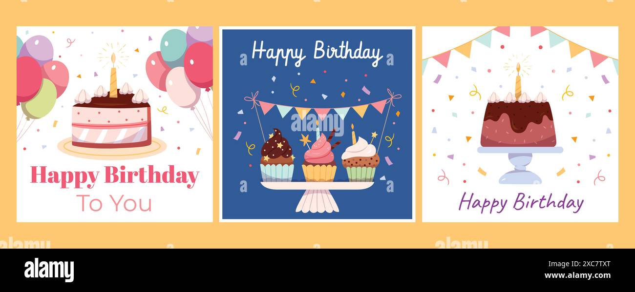 A set of birthday cards. Cakes, cupcakes, fireworks, confetti, balloons ...