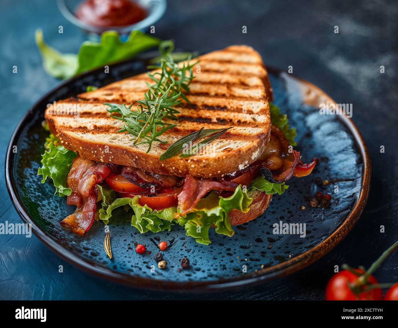 Bacon lettuce tomato sandwich ceramic plate Stock Photo - Alamy