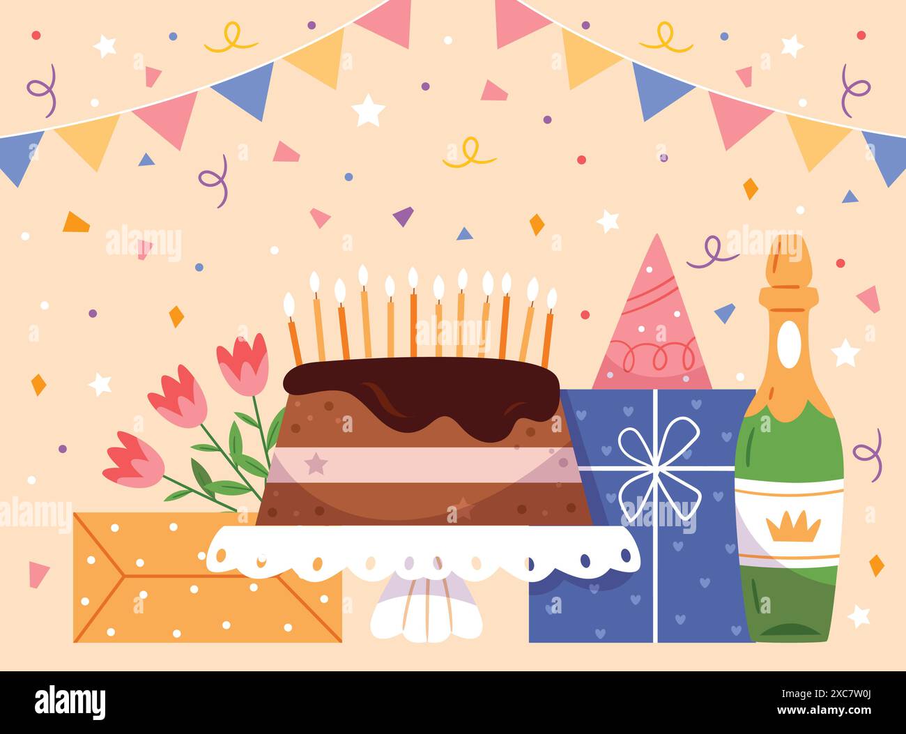 Composition for a birthday with a cake, gifts, champagne and garlands ...