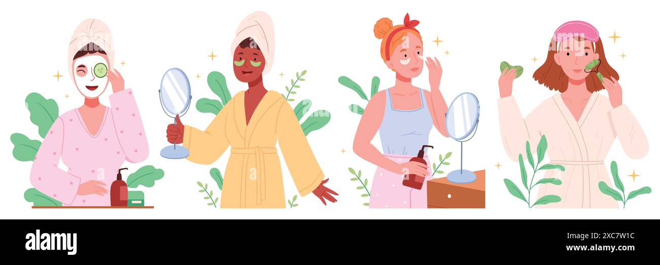 A set of women with a beauty routine.Women making facial massages, self ...