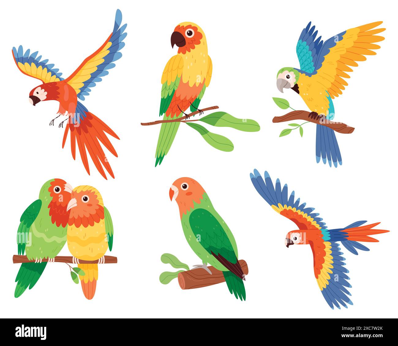 Colorful compositions set with parrot birds on tropical leaves in ...