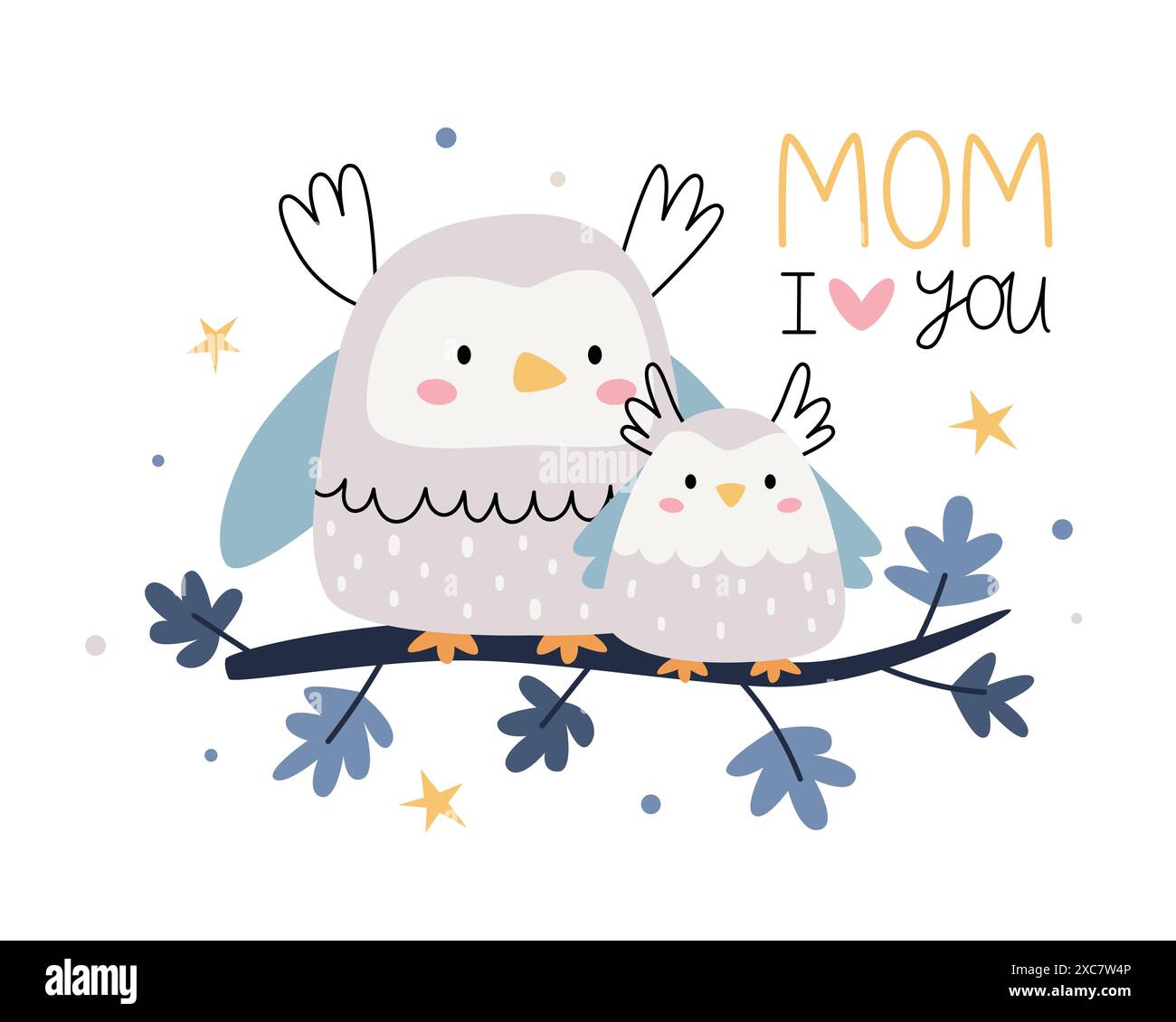 A mother owl and her baby owl are sitting on a branch. A picture for ...