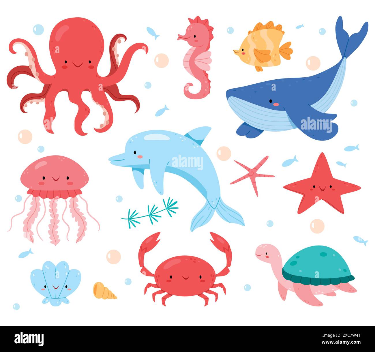 Set of sea animals.Cute ocean fish, octopus, shark and turtle ...