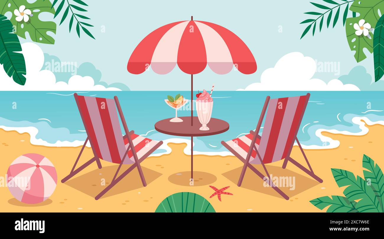 Cartoon tropical landscape with sunbeds overlooking the ocean.Cocktails ...