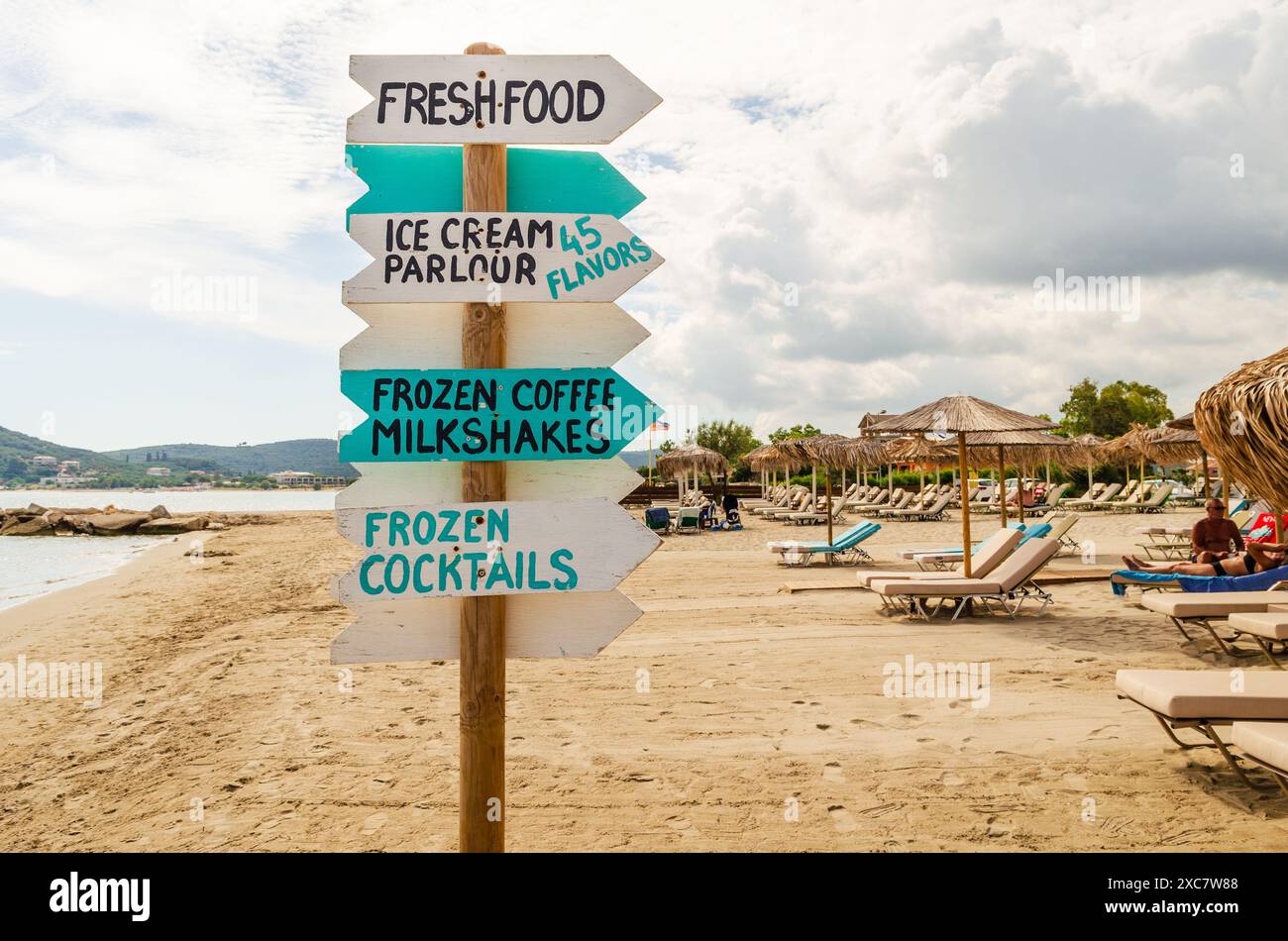 Alykes, Zakynthos Greece May 29 2024 - Sign on the beach in Alykes ...