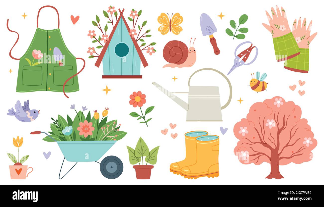 Set of spring garden illustrations in hand drawn style. Flat design ...