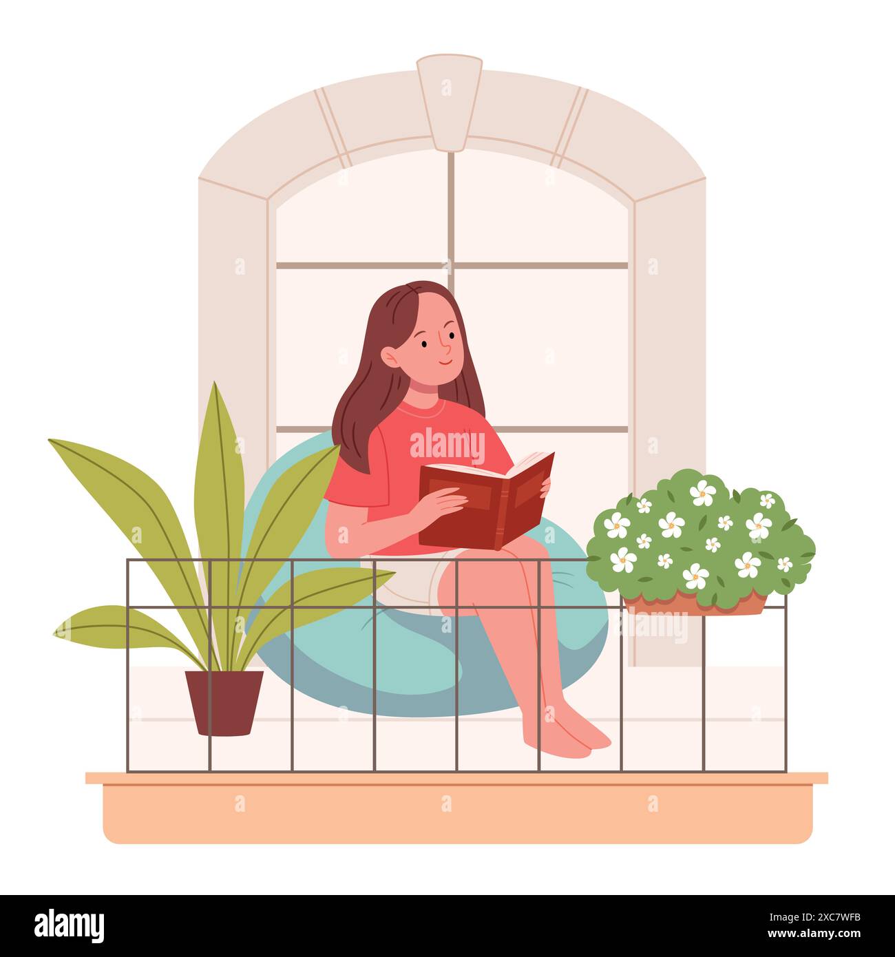 The girl is resting and reading a book on the balcony. Garden on the ...