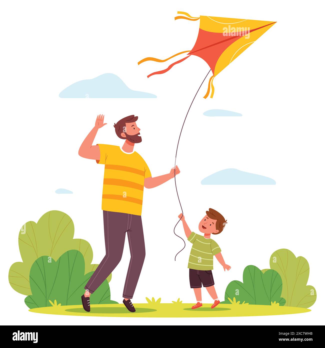 Father and son fly kite together.Family, man parent and boy child ...