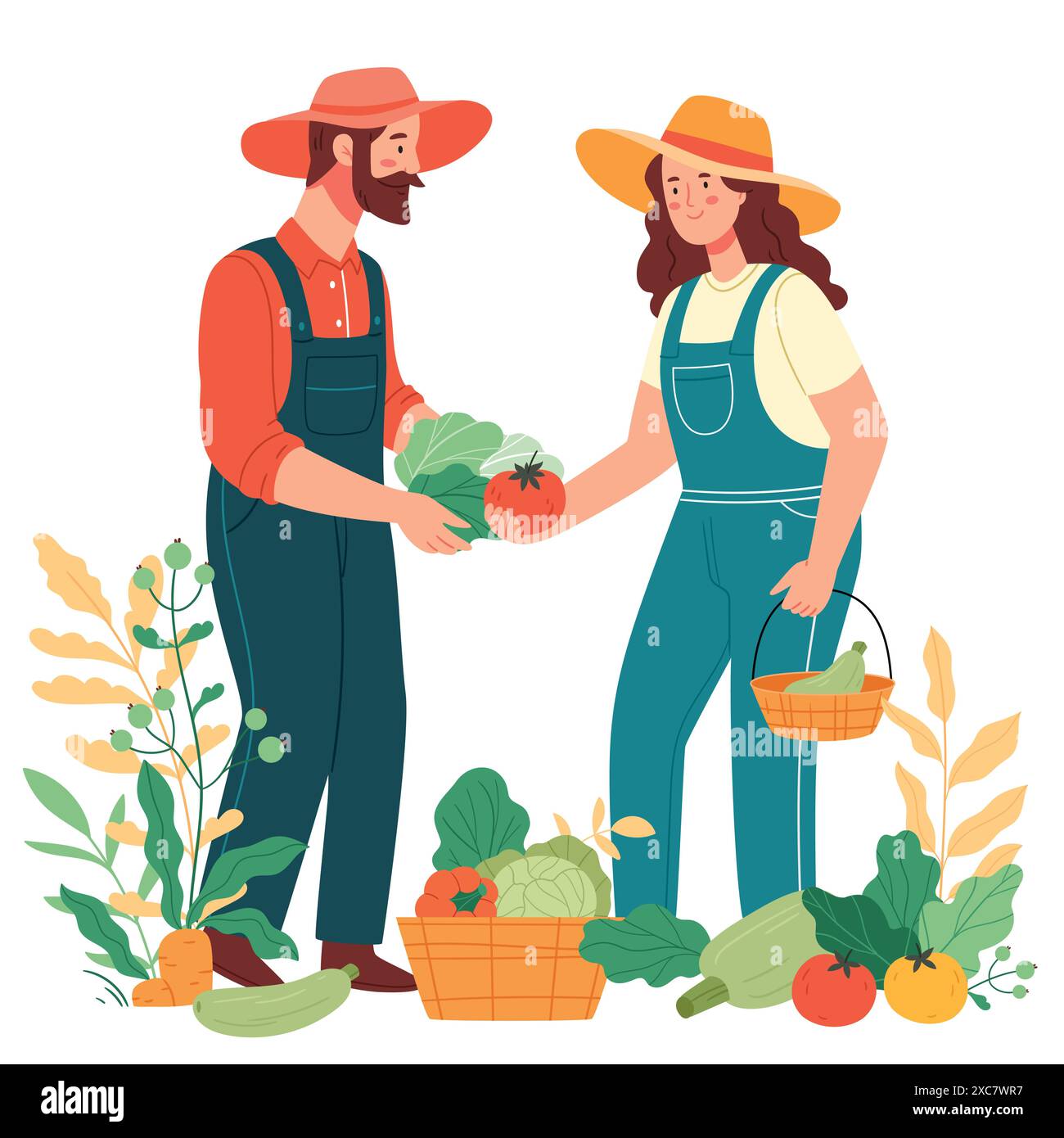 Agriculture and farming raster, husbandry and harvesting.Man and woman farmers harvesting crops ...