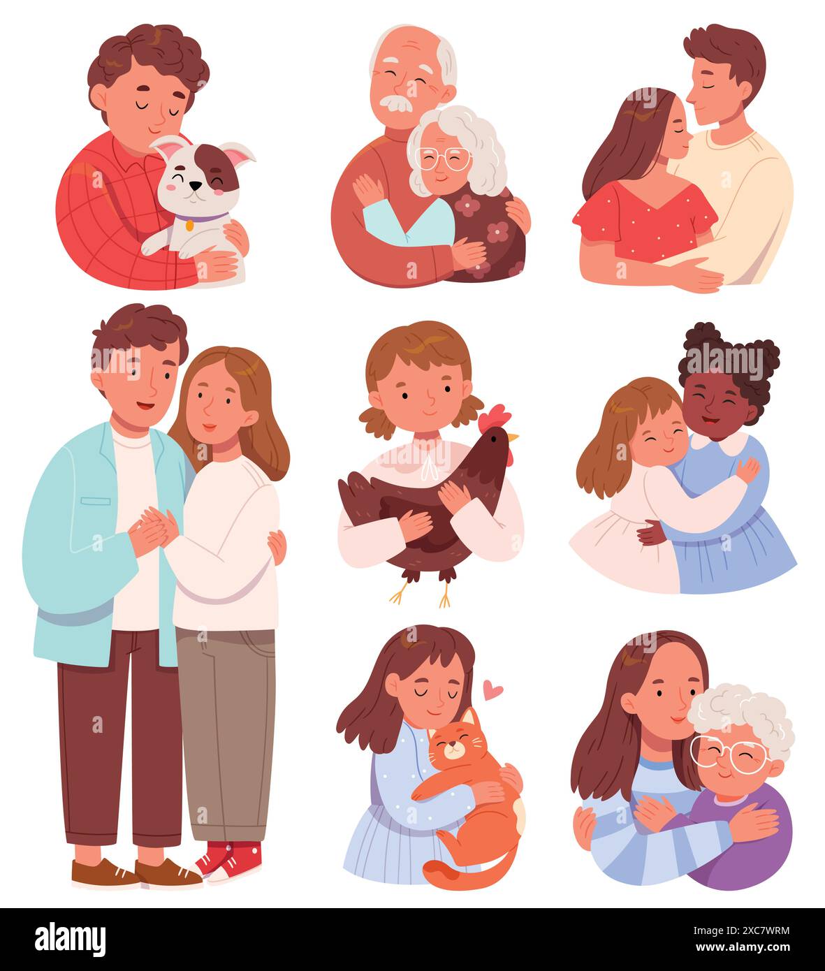 Set of different cartoon flat people hugging feeling love and positive ...