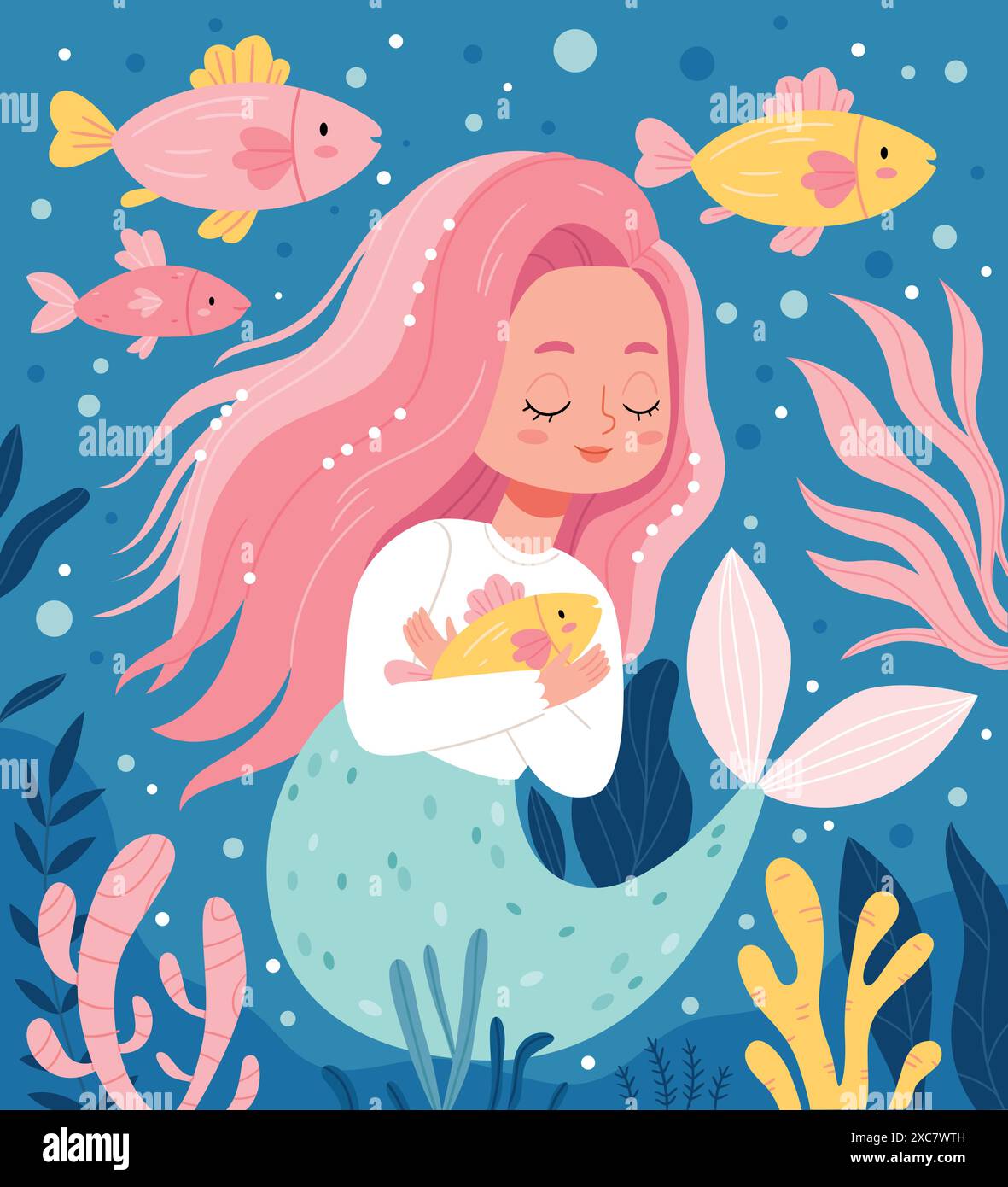 A mermaid with pink hair hugs a goldfish.corals, marine collection ...