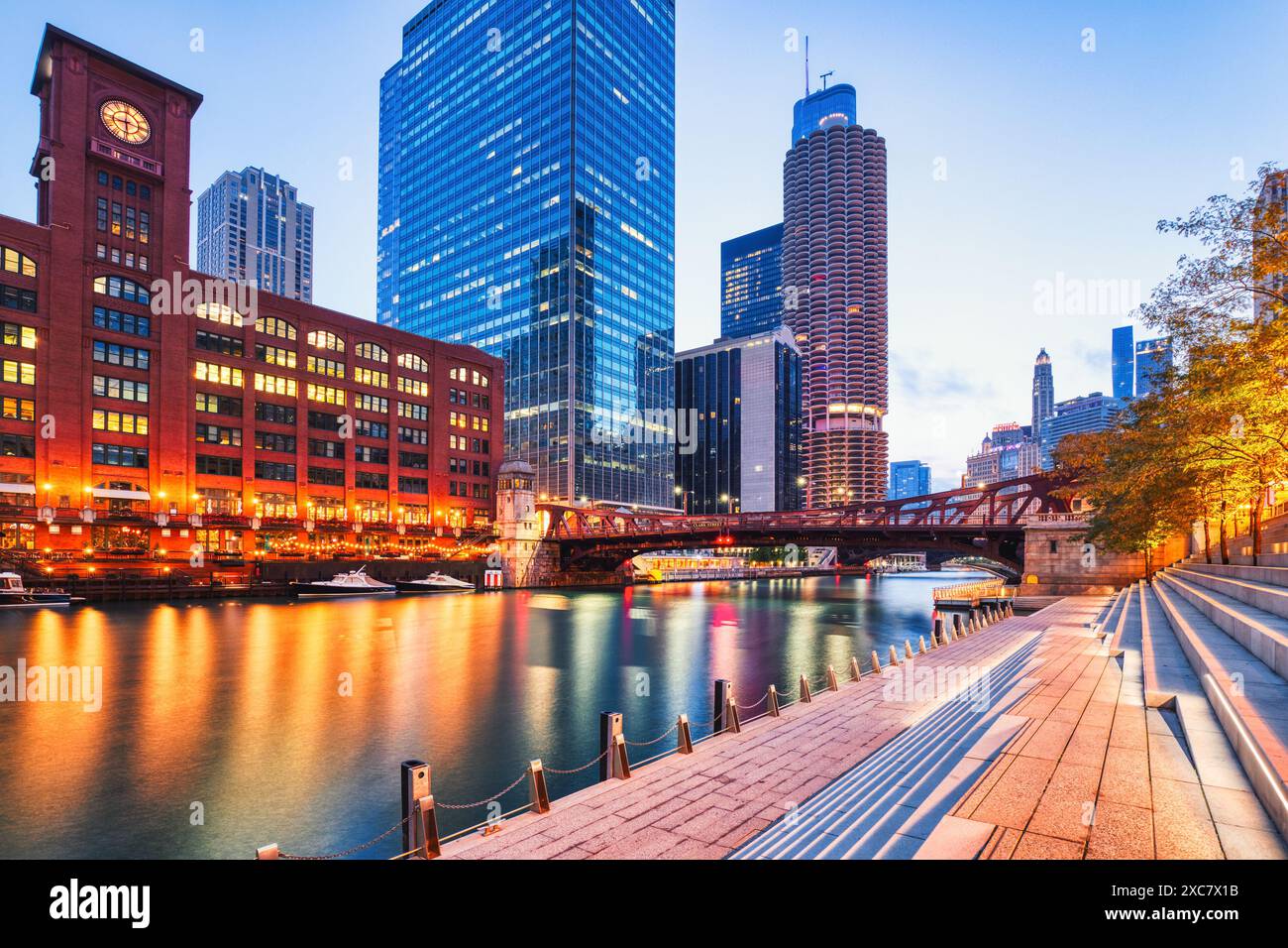 Chicago Downtown Cityscape with Chicago River at Dusk, Illinois ...