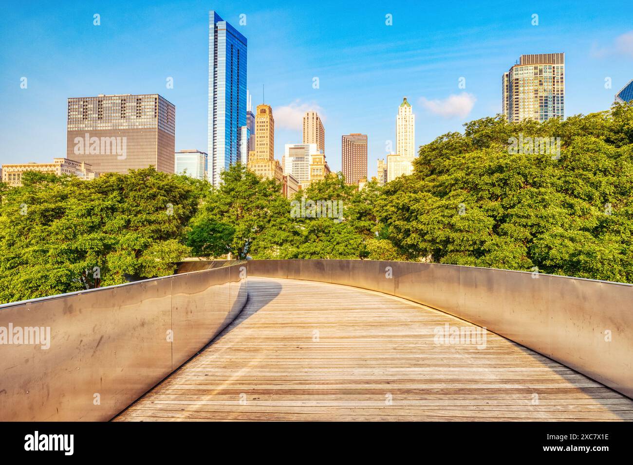 Chicago Skyline at Sunrise from the Wooden Bridge in Millennium Park ...