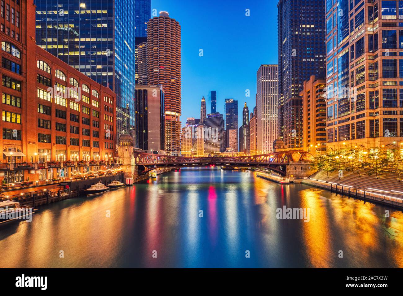 Chicago Downtown Cityscape with Chicago River at Dusk, Illinois ...