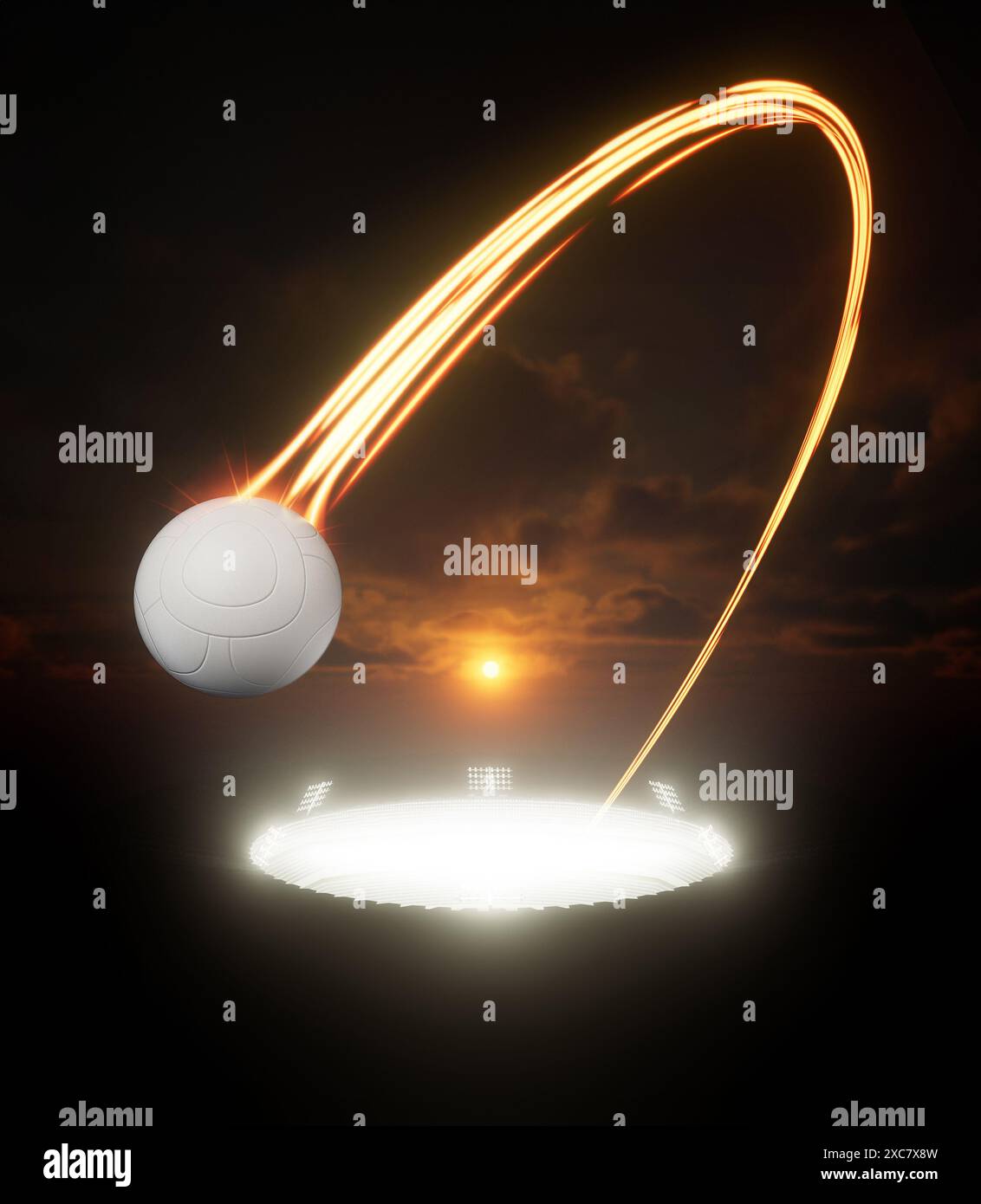 A soccer football sport ball flying through the air with a flowing ...