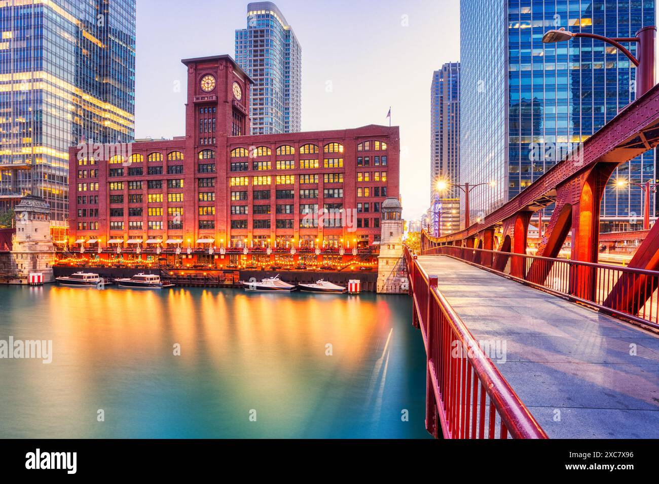 Chicago Downtown Cityscape with Chicago River at Dusk, Illinois ...