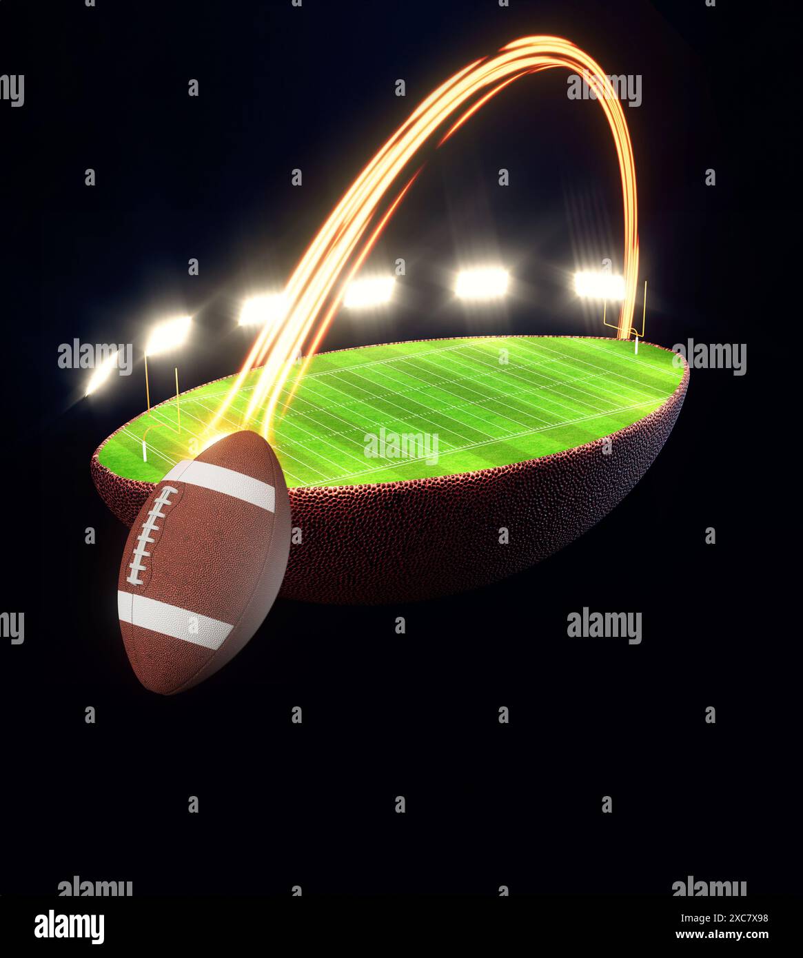 An american football sport ball flying through the air with a trail of ...