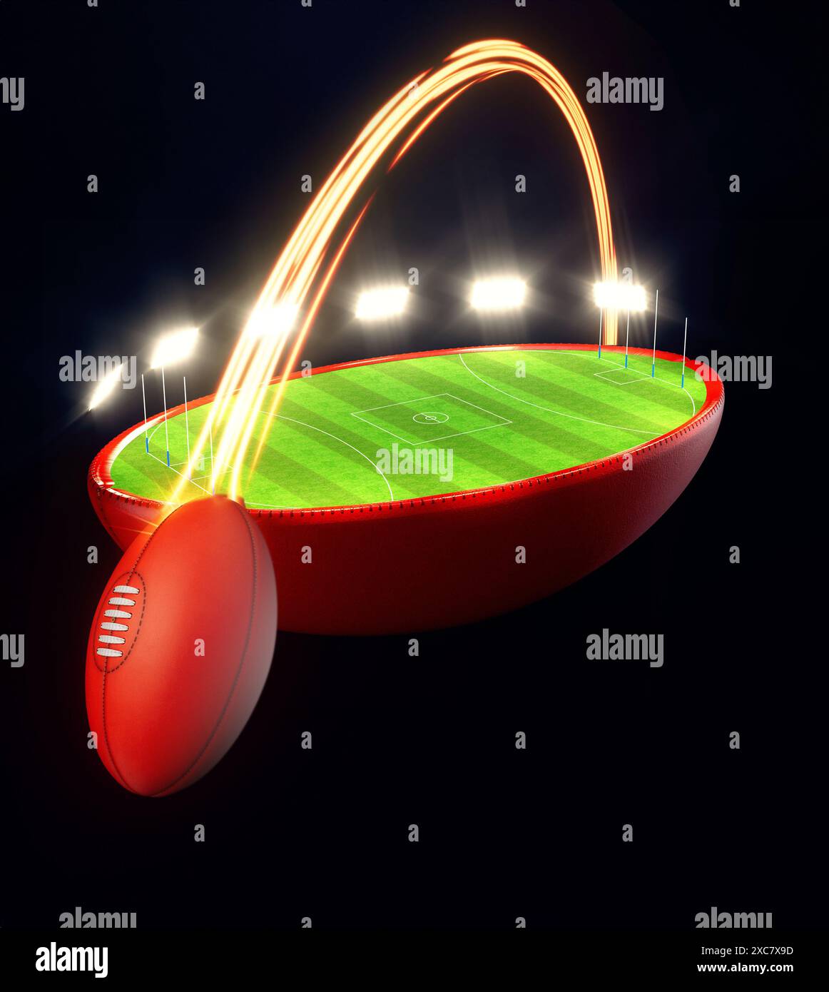 An aussie rules sport ball flying through the air with a trail of glowing wispy lights across a ...