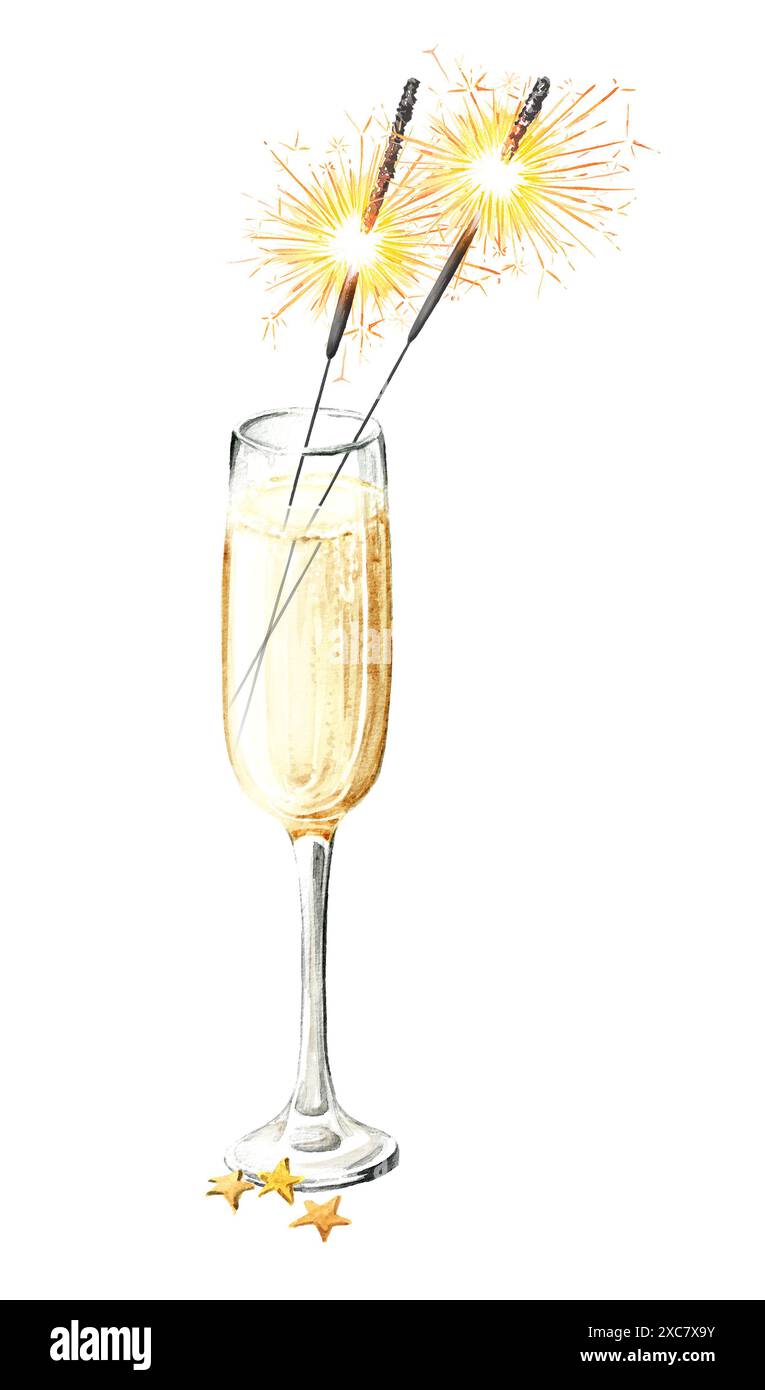 Sparklers in the Festive Champagne glass. Hand drawn watercolor ...