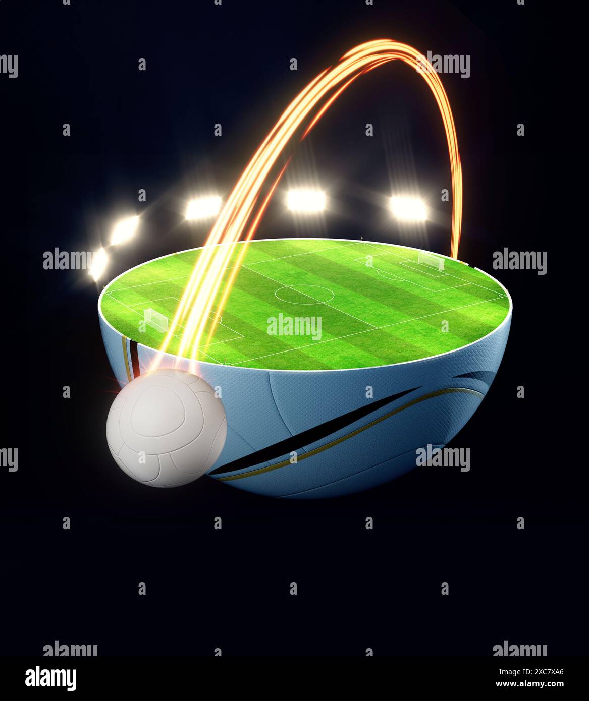 A soccer football sport ball flying through the air with a trail of ...