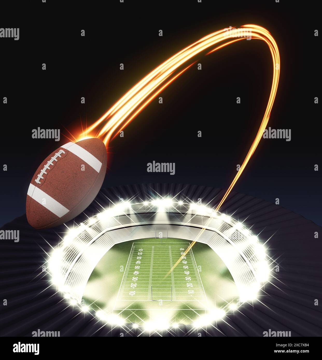 An american football sport ball flying through the air with a flowing ...