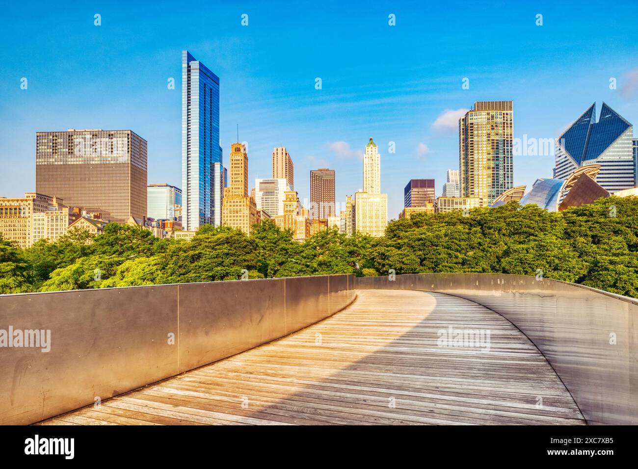 Chicago Skyline at Sunrise from the Wooden Bridge in Millennium Park ...