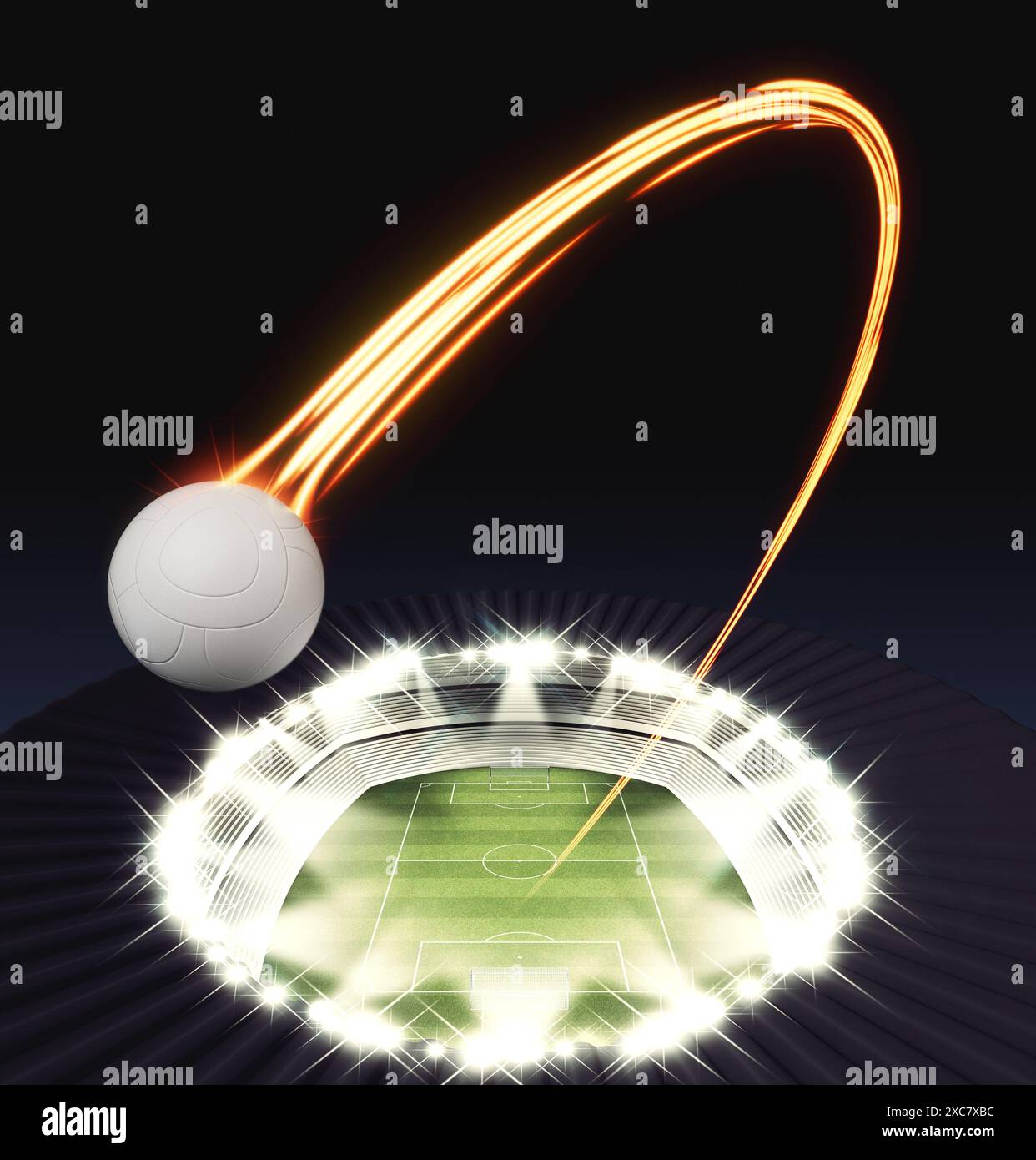 A soccer football sport ball flying through the air with a flowing ...