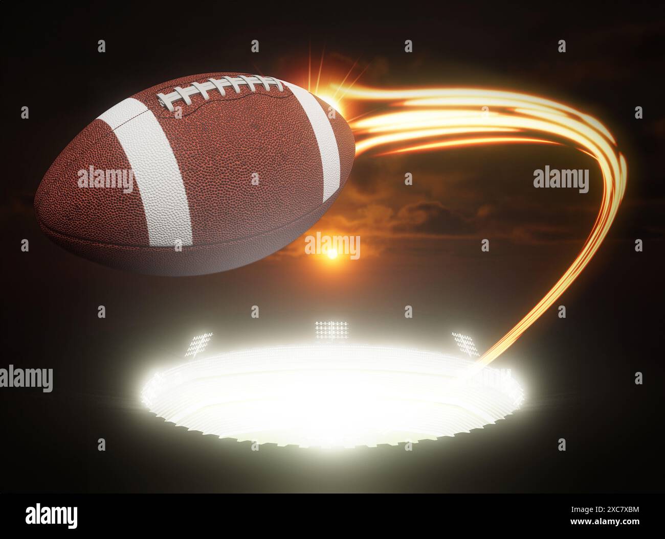 An american football sport ball flying through the air with a flowing ...