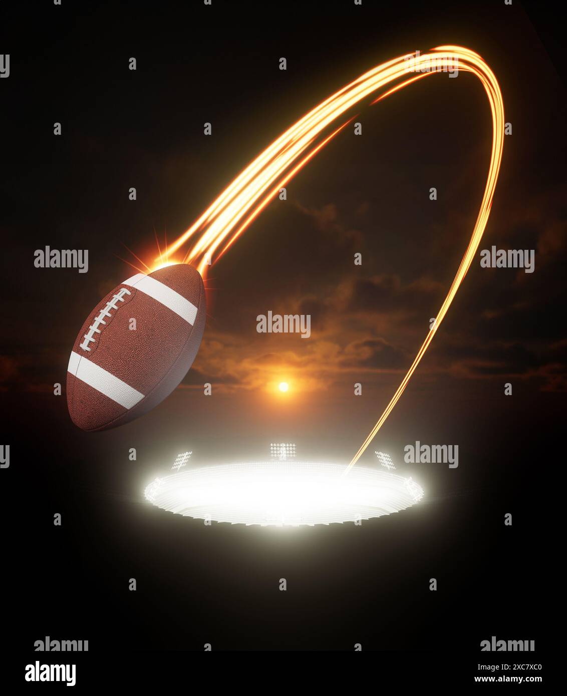 An american football sport ball flying through the air with a flowing ...