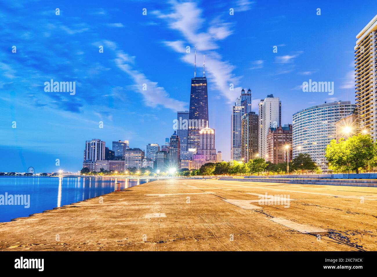 Illuminated Chicago Skyline View at Dusk, Illinois Keywords: chicago ...