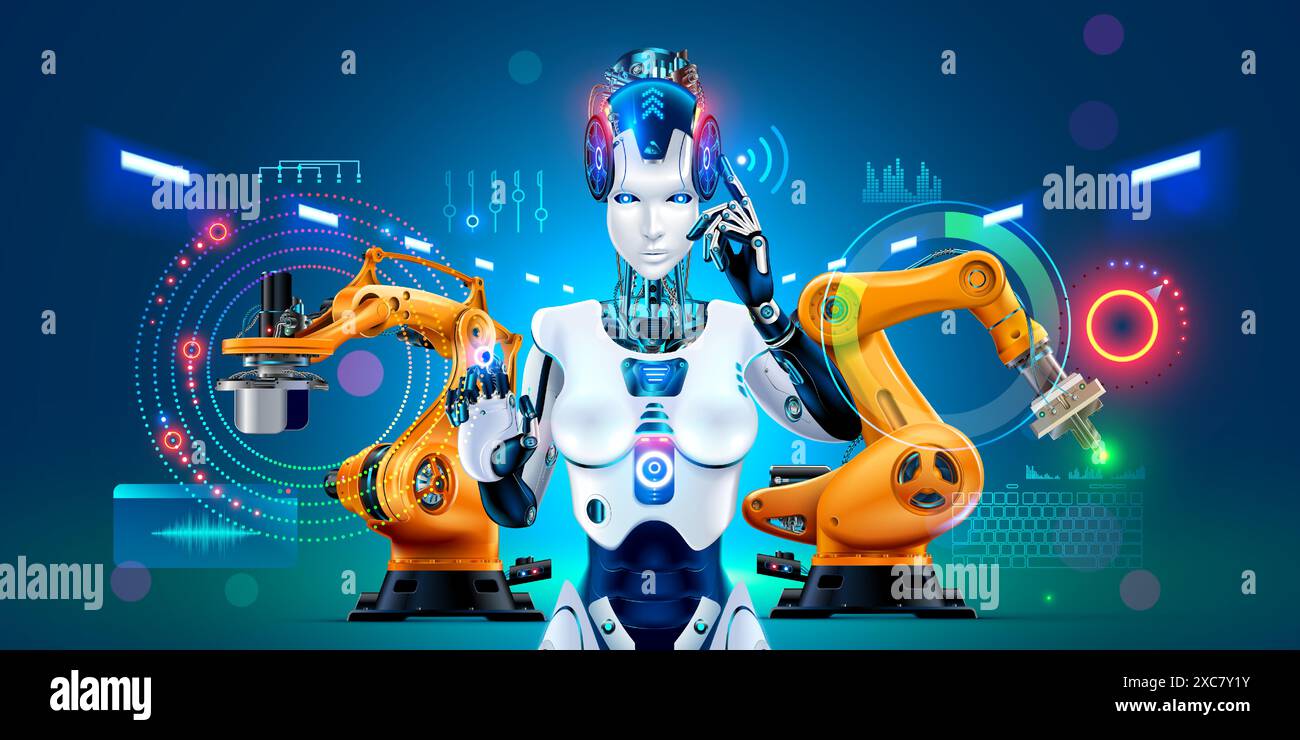 AI humanoid robot on factory. Robot woman with AI control production ...