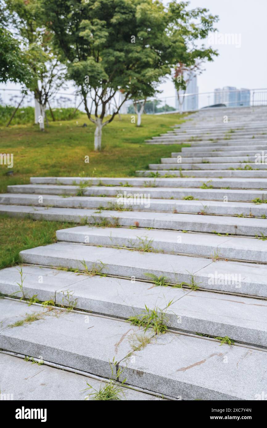 Concrete tile stairs in city park. Nearby are grassy lawns and ...