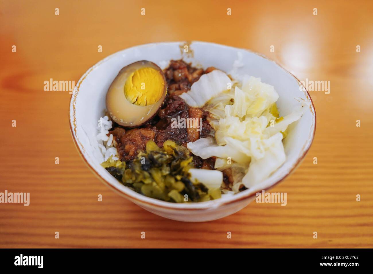 Braised meat rice, close up of stewed pork over cooked rice in Taiwan ...