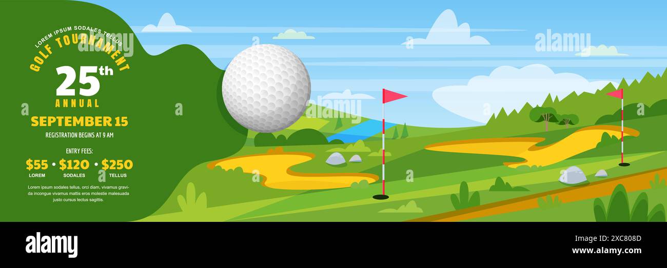 Flying golf ball on green golf course background. Banner, poster, flyer ...