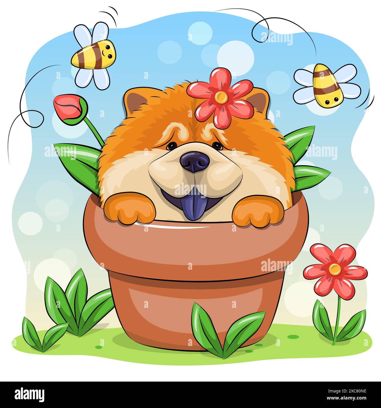 Cute cartoon chow chow dog in a flower pot with bees and flowers ...