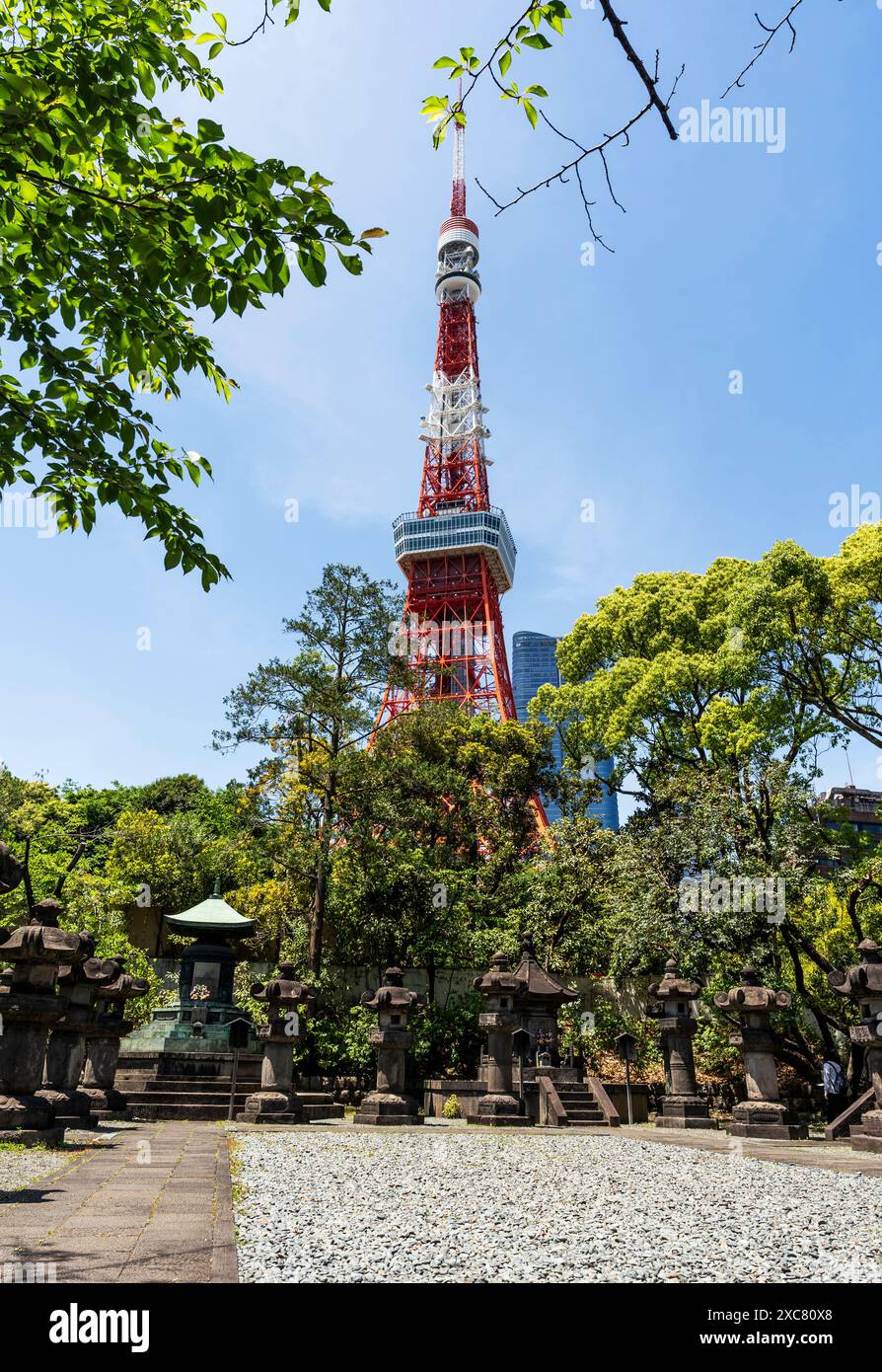 The cemetery behind the Great Hall in Zojoji, where Tokugawa shoguns were buried. Tokyo Tower in ...